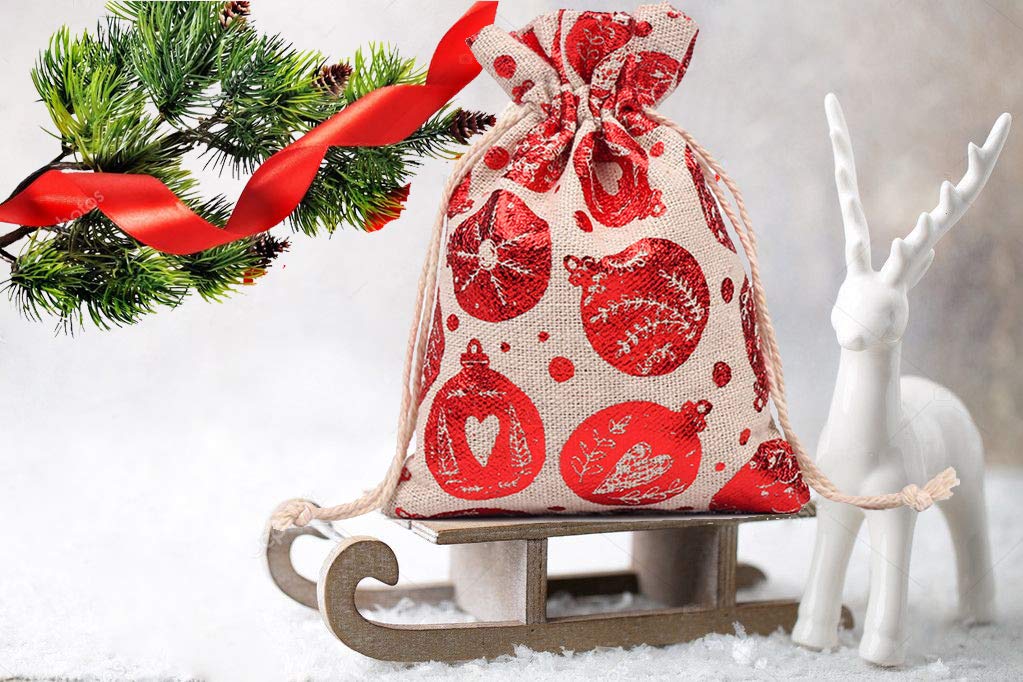 Christmas Burlap Bags with Drawstring, 5 x 7 Inch Christmas Favor Bags Jewelry Candy Pouches Sacks, Mini Storage Bag for Wedding Christmas Festive Candy Goody Storage DIY Craft - 12 Pcs