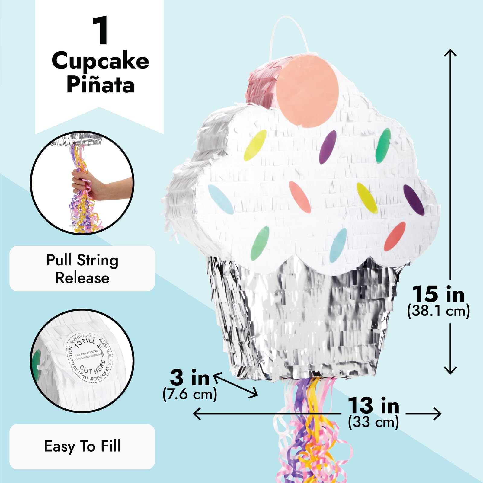 BLUE PANDA Pull String Cupcake Pinata for Baby Shower, Kids Birthday Party Supplies, (Small 13 x 15 x 3 Inches)