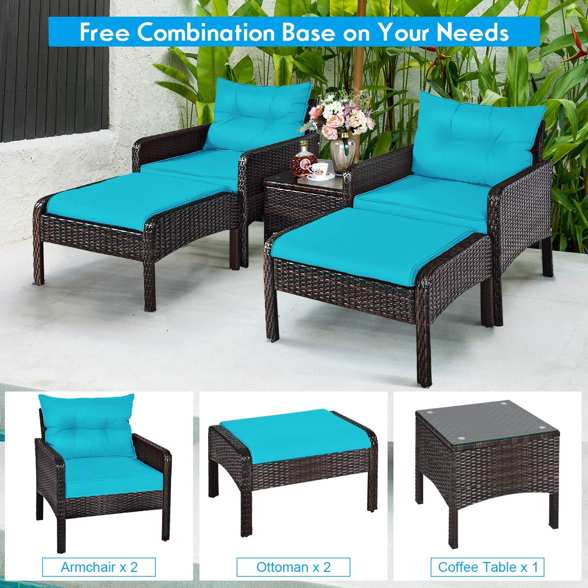 Tangkula Wicker Furniture Set 5 Pieces PE Wicker Rattan Outdoor All Weather Cushioned Sofas and Ottoman Set Lawn Pool Balcony Conversation Set Chat Set (Turquoise)