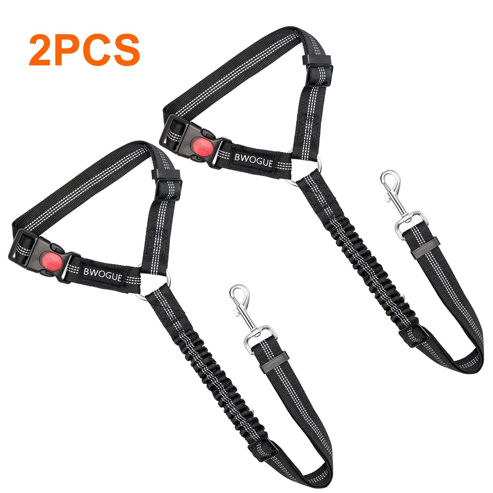 BWOGUE 2 Packs Dog Cat Safety Seat Belt Strap Car Headrest Restraint Adjustable Nylon Fabric Dog Restraints Vehicle Seatbelts Harness Black Elastic Bungee