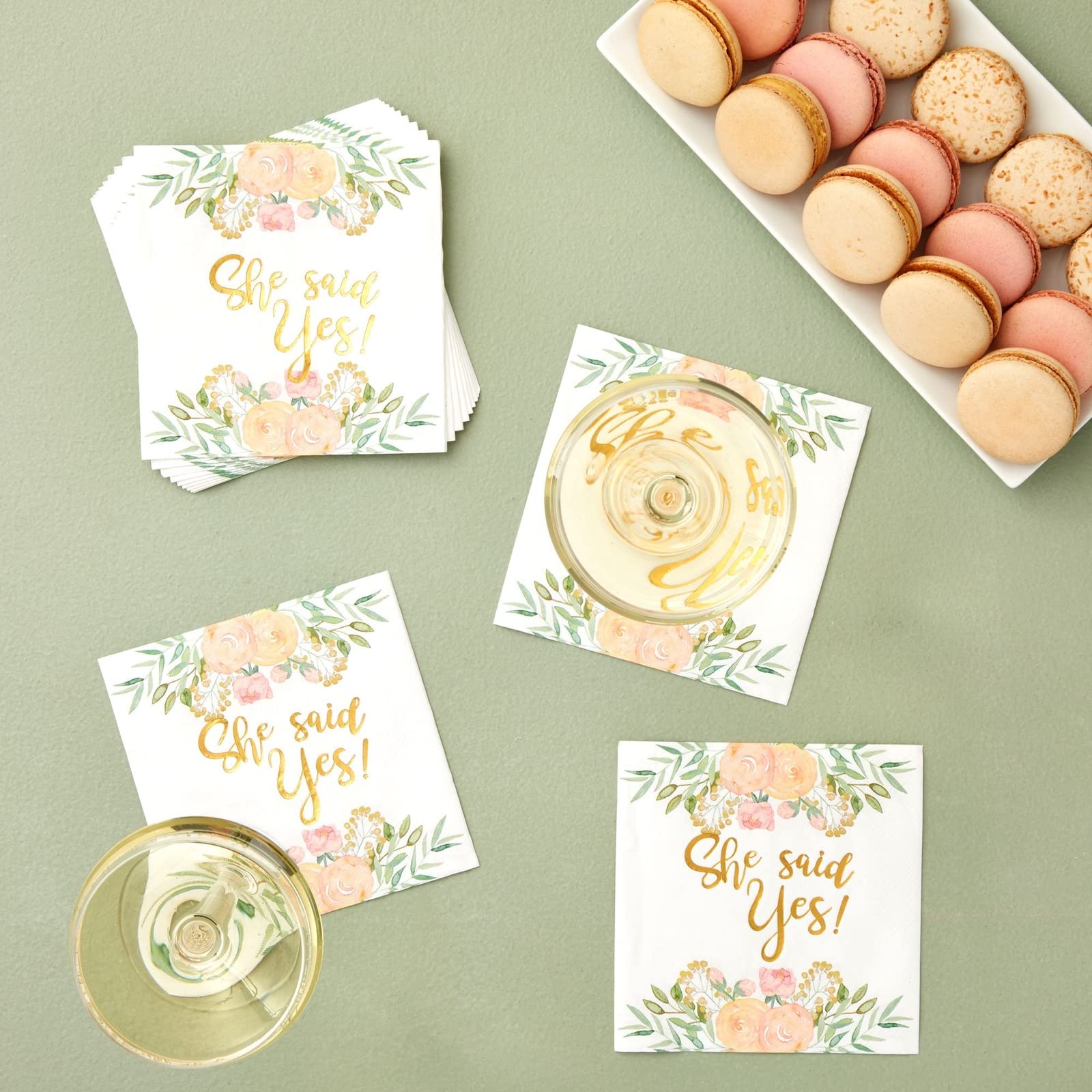 Sparkle and Bash 50 Pack Gold Foil She Said Yes Napkins for Engagement Party Supplies, Bridal Shower Decorations, Luncheon, Wedding Decor, Disposable, 3-Ply (White, 5 x 5 Inches)