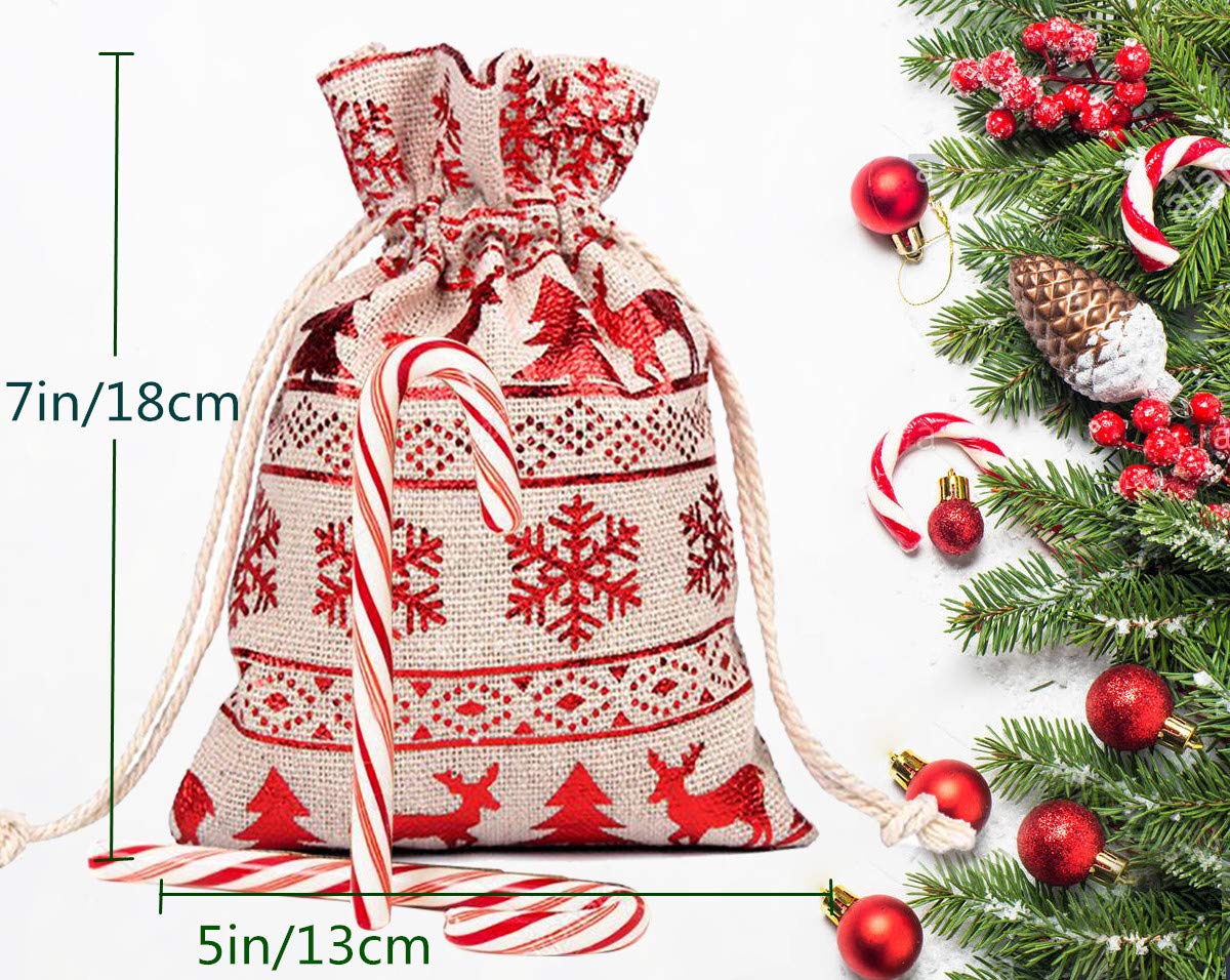 Christmas Burlap Bags with Drawstring, 5 x 7 Inch Christmas Favor Bags Jewelry Candy Pouches Sacks, Mini Storage Bag for Wedding Christmas Festive Candy Goody Storage DIY Craft - 12 Pcs