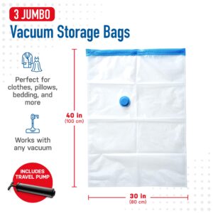 Spacesaver Vacuum Storage Bags (Jumbo 3 Pack) Save 80% on Clothes Storage Space - Vacuum Sealer Bags for Comforters, Blankets, Bedding, Clothing - Compression Seal for Closet Storage. Pump for Travel.