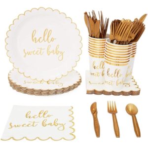 hello sweet baby shower supplies, dinnerware set (144 pieces, serves 24)