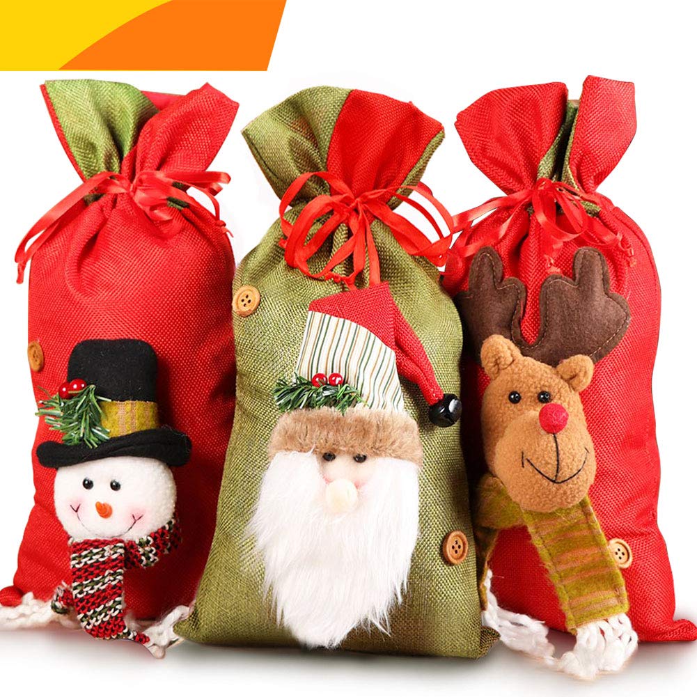 Jolik Santa Sacks Drawstring Christmas Bags, 3D Design Fabric Christmas Bags for Christmas Party Supplies, 15 x 8 inch