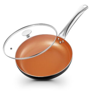 11" skillet for frying - copper nonstick frying pan with lid, 100% pfoa-free, all stove tops available, ceramic nonstick coating, stainless steel handle, cooking skillet with lid. pan for oven & stove