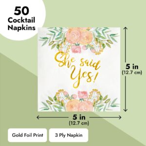 Sparkle and Bash 50 Pack Gold Foil She Said Yes Napkins for Engagement Party Supplies, Bridal Shower Decorations, Luncheon, Wedding Decor, Disposable, 3-Ply (White, 5 x 5 Inches)