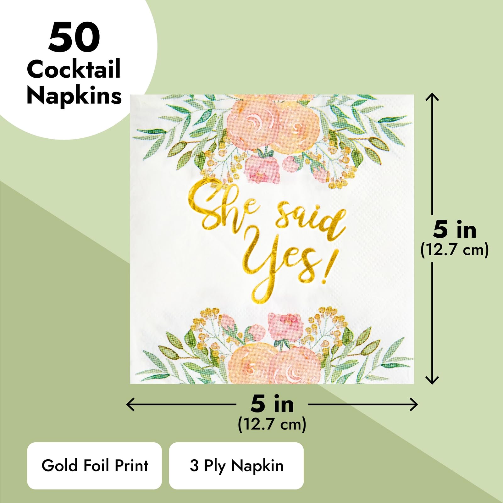 Sparkle and Bash 50 Pack Gold Foil She Said Yes Napkins for Engagement Party Supplies, Bridal Shower Decorations, Luncheon, Wedding Decor, Disposable, 3-Ply (White, 5 x 5 Inches)