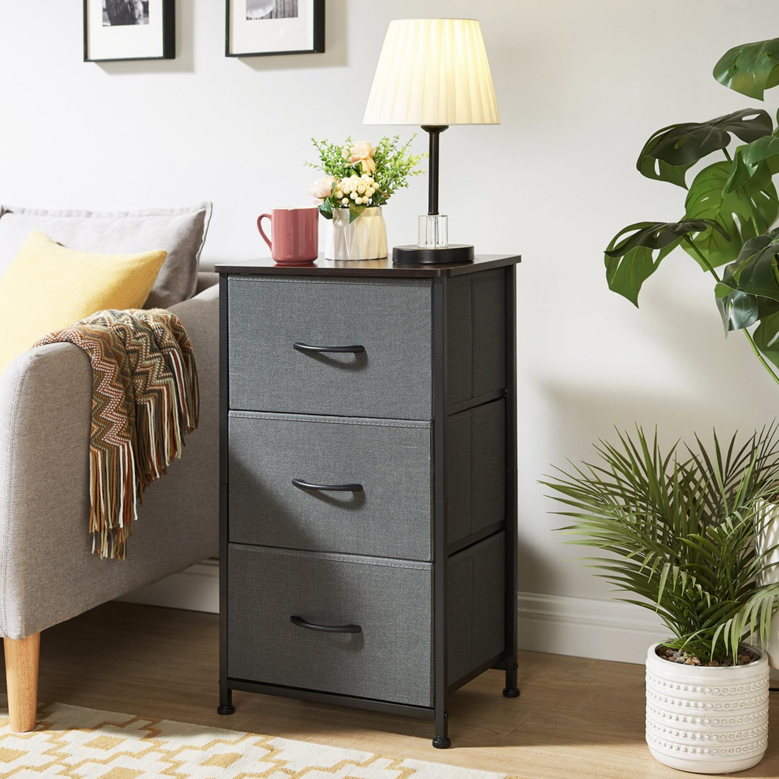 Somdot Small Dresser for Bedroom with 3 Drawers, Nightstand Storage Chest of Drawers with Removable Fabric Bins for Closet Bedside Laundry Entryway Hallway, Charcoal Grey