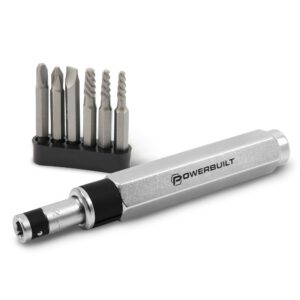 powerbuilt - 7 pc. mini impact driver & extractor set, hand tools, bit drivers & bits, bit drivers - multi-in-one (647767), silver