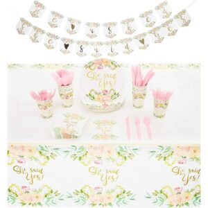 sparkle and bash bridal party pack, includes paper plates, napkins, cups, cutlery, banner, and plastic tablecloth (serves 24, 146 pieces)