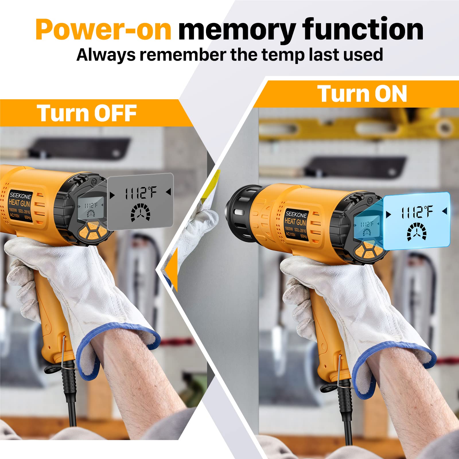 Heat Gun, SEEKONE 1800W Hot Air Gun Kit with Large Digital LCD Display Variable Temperature (122°F-1112°F) Memory Settings and Four Nozzles for Paint Remover/Stripper, Home Improvement/Restoration