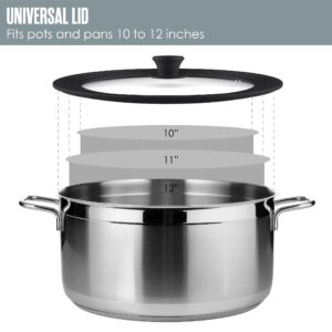 Houseables Universal Pot Lid, Pan Cover, Silicone, Tempered Glass, Black, Fits 10", 11", 12", 4mm Thick, Vented, Replacement Top for Crockpot, Cast Iron Skillet, Heat Resistant Handle, Dishwasher Safe