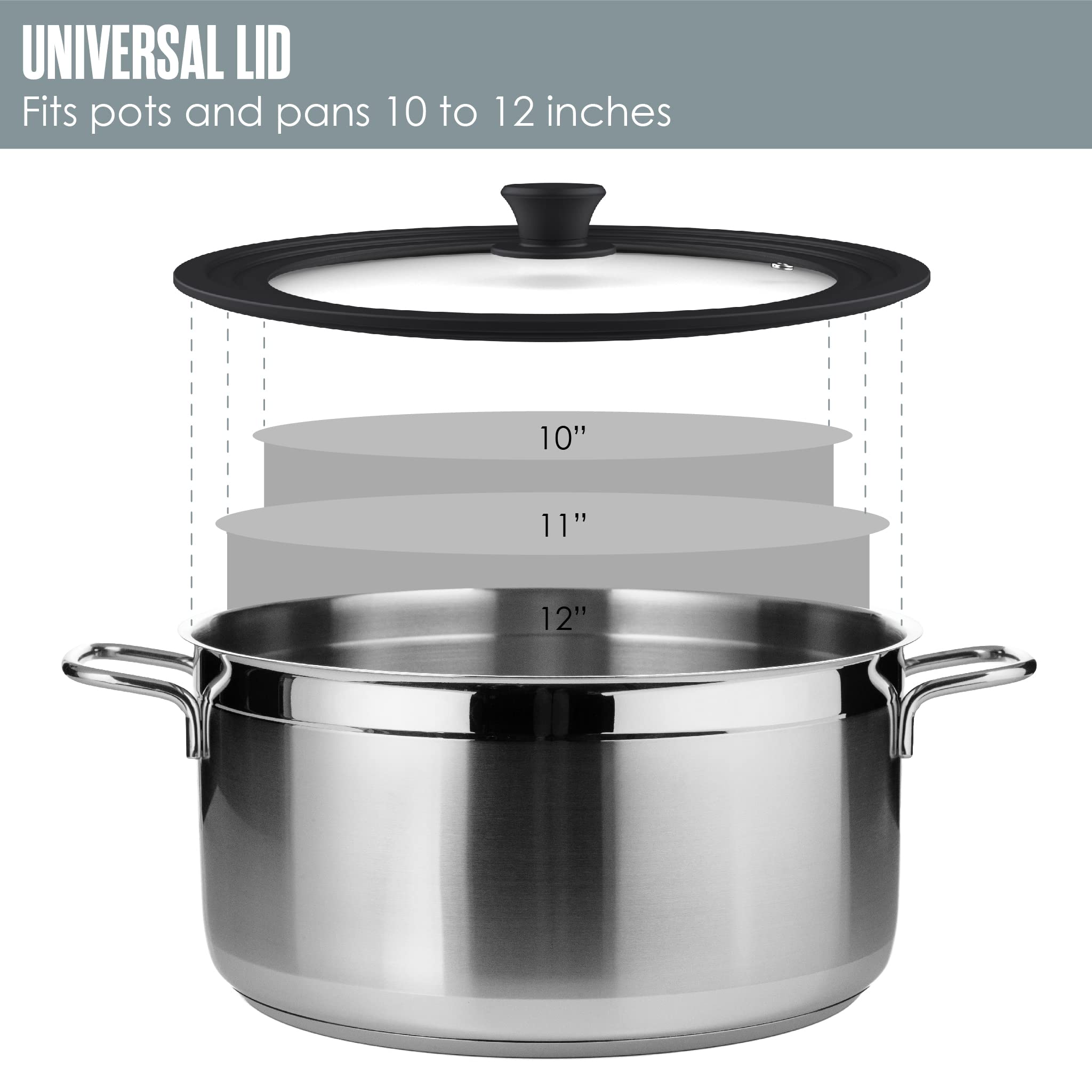 Houseables Universal Pot Lid, Pan Cover, Silicone, Tempered Glass, Black, Fits 10", 11", 12", 4mm Thick, Vented, Replacement Top for Crockpot, Cast Iron Skillet, Heat Resistant Handle, Dishwasher Safe