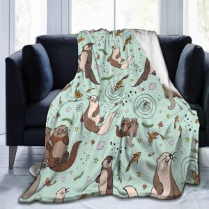 carwayii sea otters throw blanket,green small flannel lap blanket gifts for kids,cozy noon break blanket,no shedding fleece sofa blanket for office couch car - 40''x50''