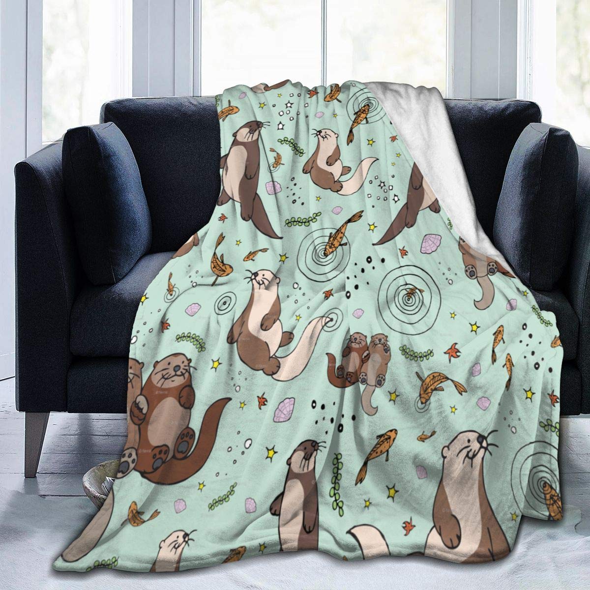 Carwayii Sea Otters Throw Blanket,Green Small Flannel Lap Blanket Gifts for Kids,Cozy Noon Break Blanket,No Shedding Fleece Sofa Blanket for Office Couch Car - 40''x50''