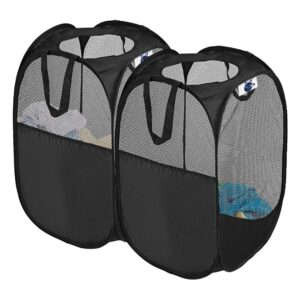 spinfox pop up collapsible laundry baskets, 2 pack foldable mesh popup laundry hamper with reinforced carry handles, mesh laundry basket for kids room college dorm or travel(black)