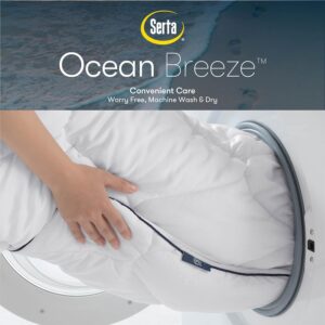 Serta Ocean Breeze Elastic Fitted Breathable Pillow Top Mattress Pad Protector with Sustainable Fiber Fill and Tencel Cover for All Season, Queen, White