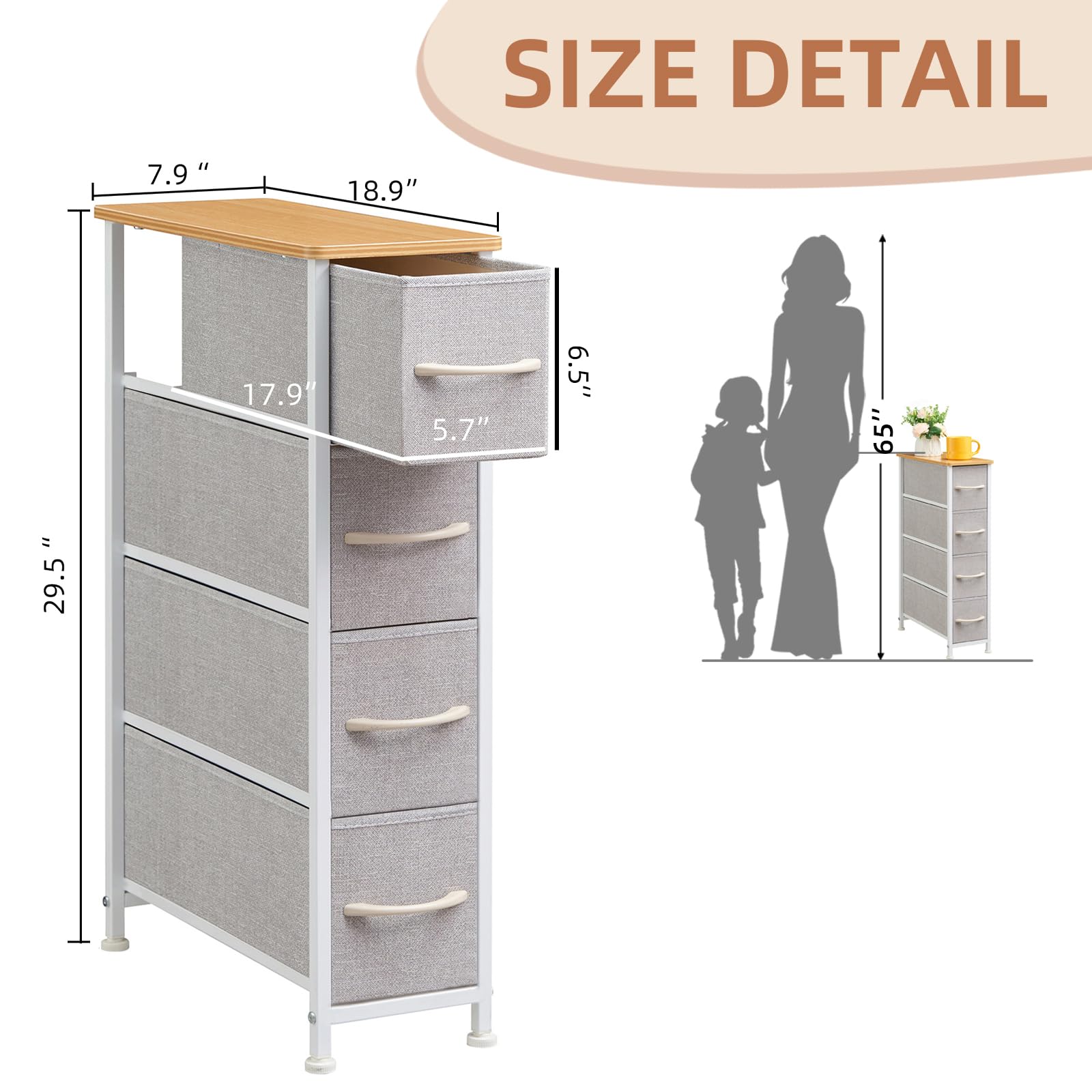 Somdot Narrow Dresser with 4 Drawers, Slim Storage Chest of Drawers with Removable Fabric Drawers for Closet Small Spaces Bathroom Bedroom Laundry, Ash Grey