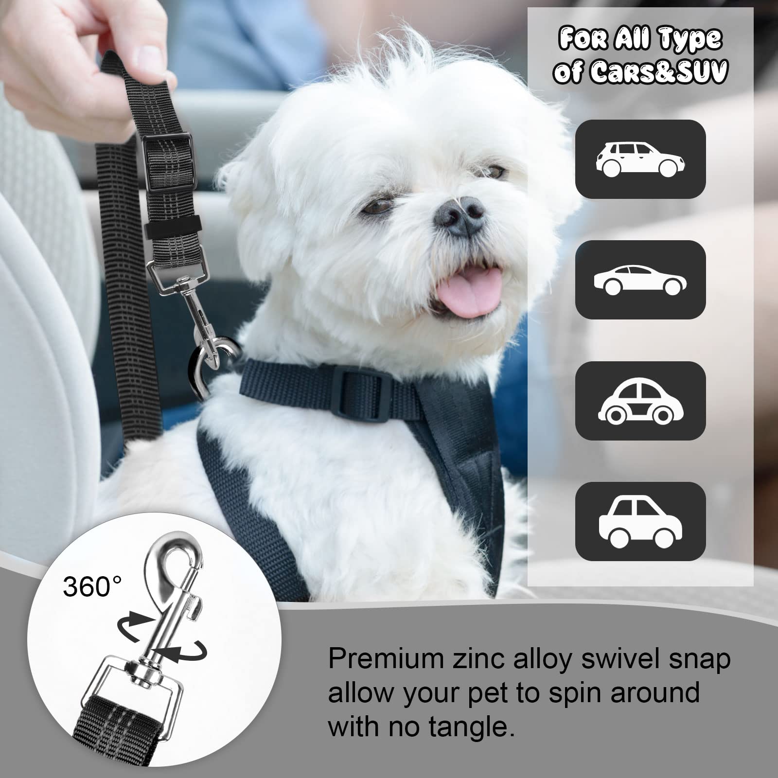 BWOGUE 2 Packs Dog Cat Safety Seat Belt Strap Car Headrest Restraint Adjustable Nylon Fabric Dog Restraints Vehicle Seatbelts Harness Black Elastic Bungee