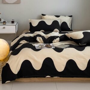 layenjoy geometric duvet cover set twin, 100% cotton bedding, cream white black cows pattern printed, modern comforter cover for single bed, 3 piece no comforter