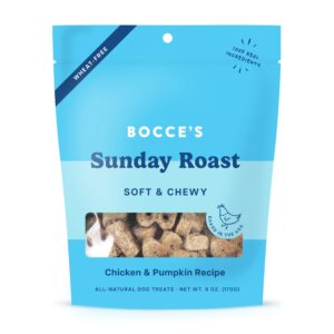 bocce's bakery oven baked sunday roast treats for dogs, wheat-free everyday dog treats, made with real ingredients, baked in the usa, all-natural soft & chewy cookies, chicken & pumpkin recipe, 6 oz