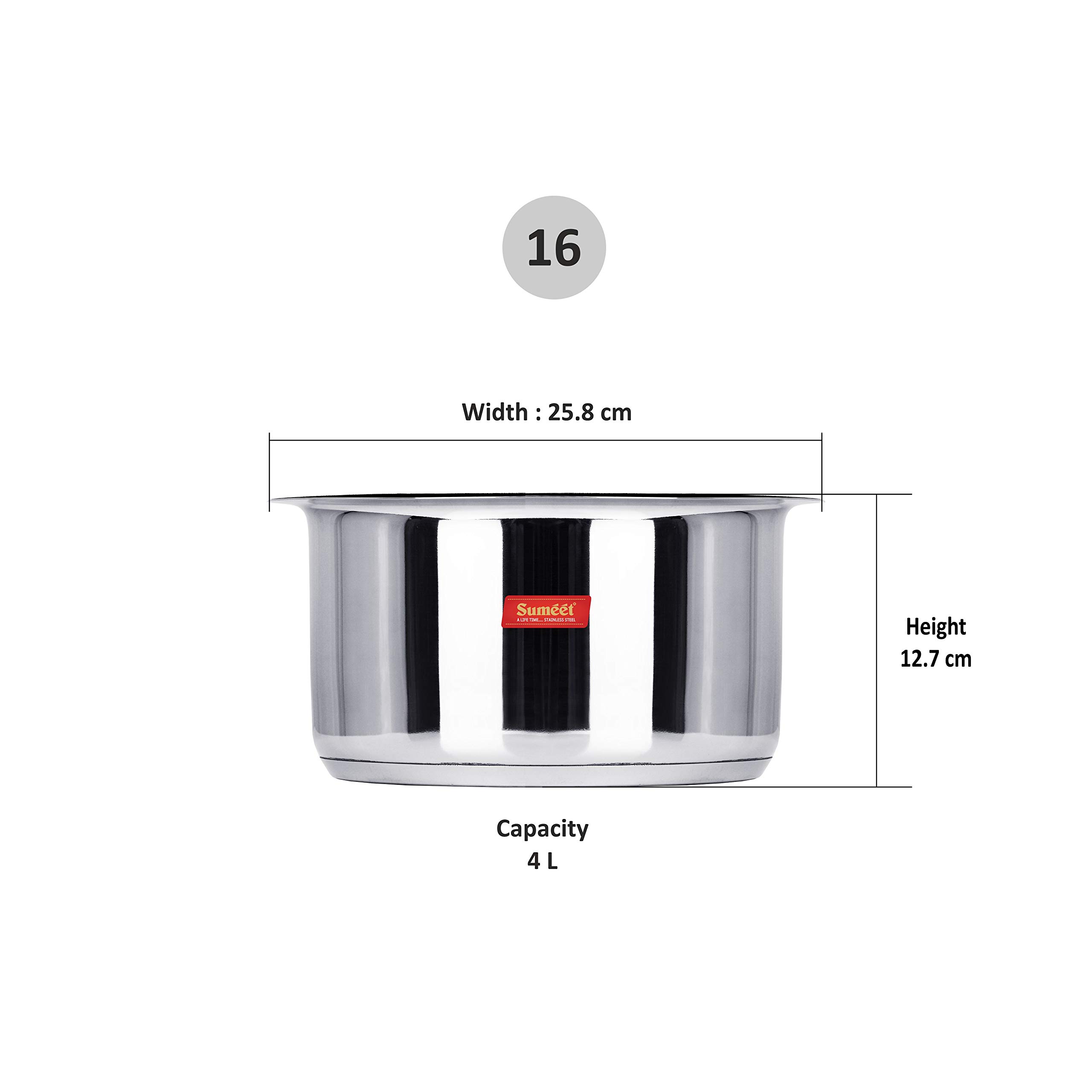 Sumeet Big Size Stainless Steel Induction Bottom (Encapsulated Bottom) Induction & Gas Stove Friendly Container/Tope/Cookware with Lid Size No.16 (4 LTR)