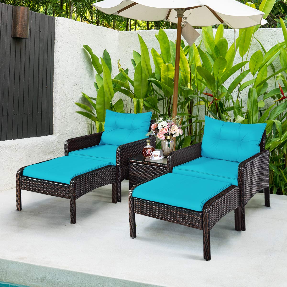 Tangkula Wicker Furniture Set 5 Pieces PE Wicker Rattan Outdoor All Weather Cushioned Sofas and Ottoman Set Lawn Pool Balcony Conversation Set Chat Set (Turquoise)