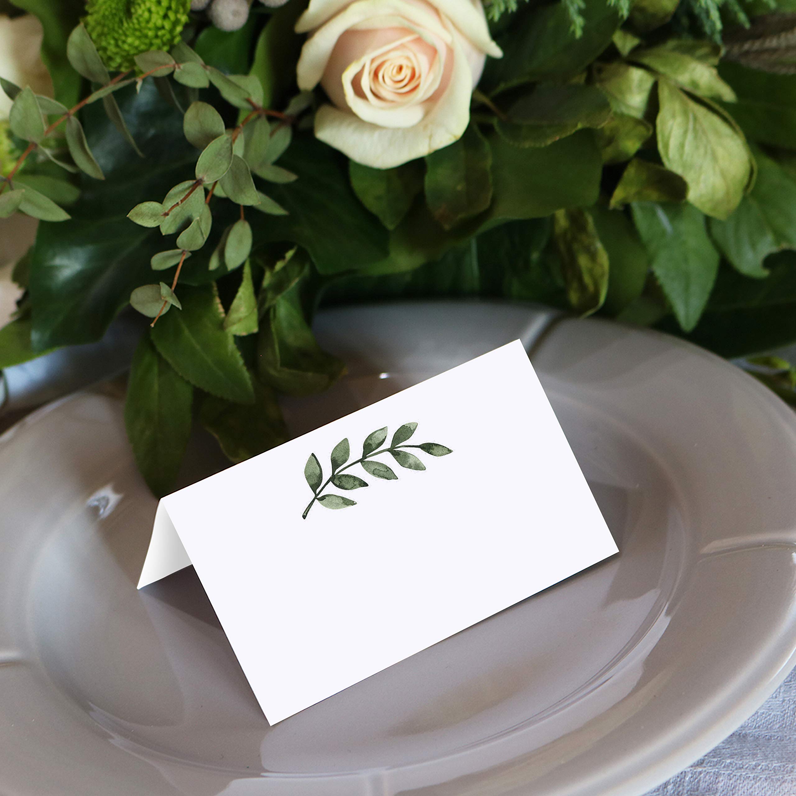 321Done Greenery Place Cards, Made in USA - 3.5x2 Blank for Name Food Table Setting Dinner Party Seating Wedding Reception Buffet Tent Style Rustic Green Leaves - Set of 50