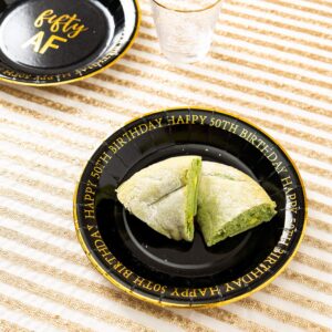 Crisky 'Fifty AF' 50th Birthday Black Gold Theme Plate, 50 Pack, 9" Paper Plates, Durable, Food Grade, BPA-Free, Biodegradable, Not Microwaveable