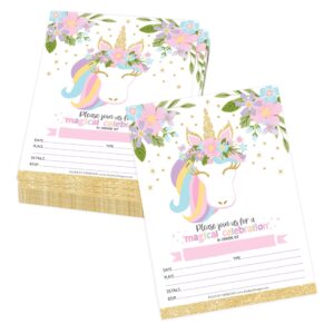 hadley designs 25 pastel unicorn kid party invitation, birthday royal princess queen crown girl bday invite, magical rose pink gold floral glitter rainbow bday idea, magic fairytale printable template