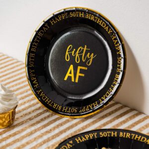 Crisky 'Fifty AF' 50th Birthday Black Gold Theme Plate, 50 Pack, 9" Paper Plates, Durable, Food Grade, BPA-Free, Biodegradable, Not Microwaveable