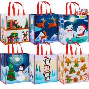 joyin 12 pcs 13.75" x 14" christmas large tote bags holiday reusable grocery bags for classroom party favor supplies