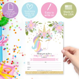 Hadley Designs 25 Pastel Unicorn Kid Party Invitation, Birthday Royal Princess Queen Crown Girl Bday Invite, Magical Rose Pink Gold Floral Glitter Rainbow Bday Idea, Magic Fairytale Printable Template