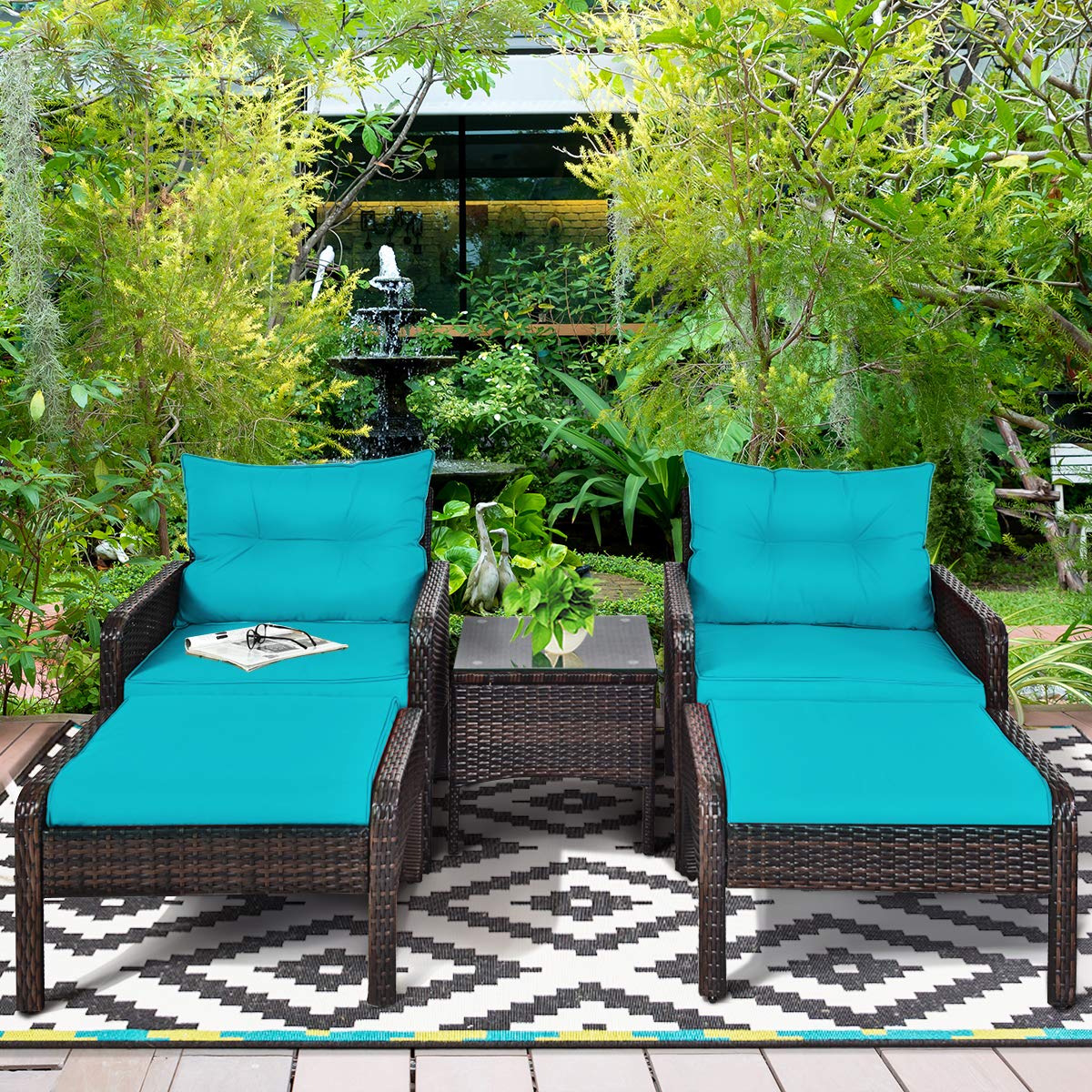 Tangkula Wicker Furniture Set 5 Pieces PE Wicker Rattan Outdoor All Weather Cushioned Sofas and Ottoman Set Lawn Pool Balcony Conversation Set Chat Set (Turquoise)