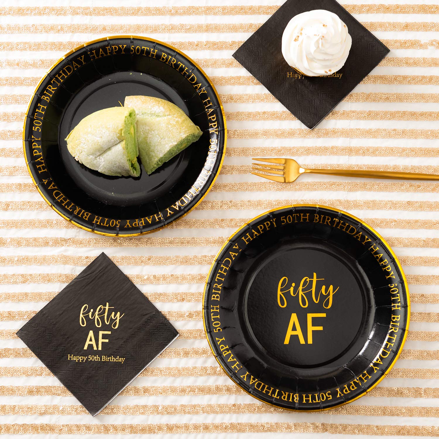 Crisky 'Fifty AF' 50th Birthday Black Gold Theme Plate, 50 Pack, 9" Paper Plates, Durable, Food Grade, BPA-Free, Biodegradable, Not Microwaveable