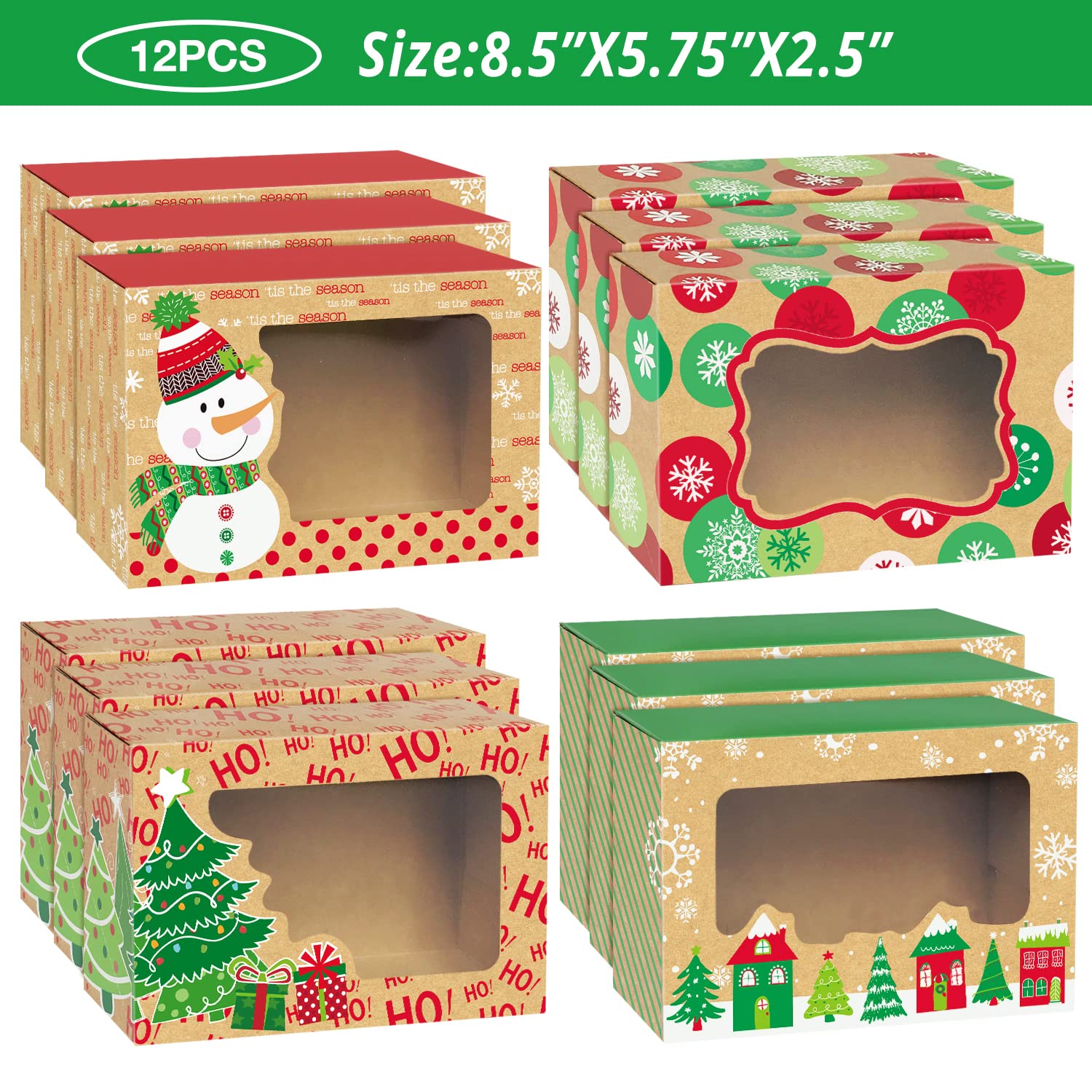 Party Funny 12 Christmas Cookie Boxes -Large Kraft Holiday Bakery Food Container for Gift Giving with 80 Count Christmas Foil Gift Stickers