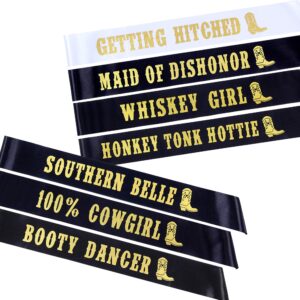 pop fizz designs nashville bachelorette party sashes | 7 pack | includes 1 bride sash “getting hitched” | 6 funny bride tribe sashes for bridal party