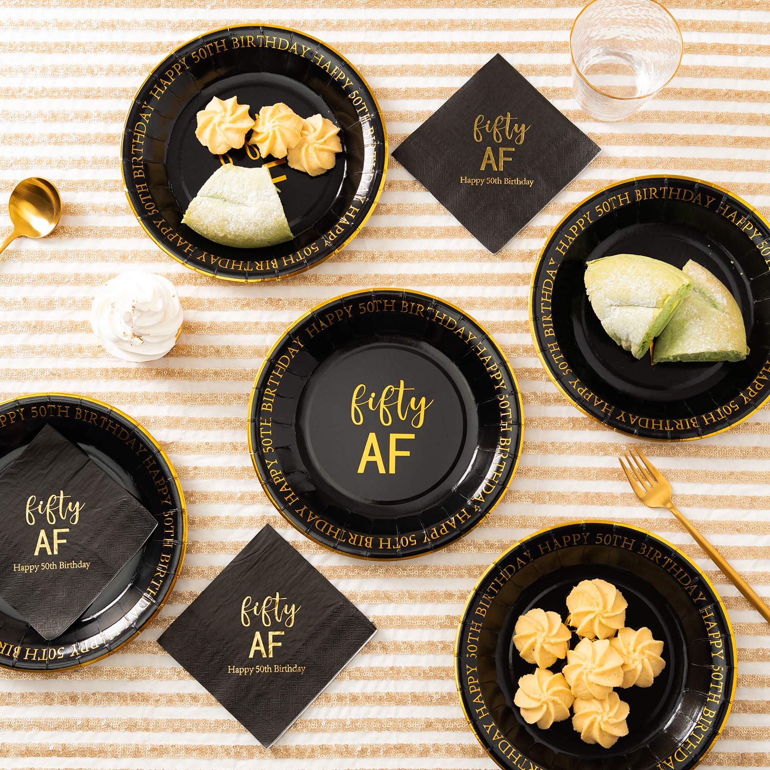 Crisky 'Fifty AF' 50th Birthday Black Gold Theme Plate, 50 Pack, 9" Paper Plates, Durable, Food Grade, BPA-Free, Biodegradable, Not Microwaveable