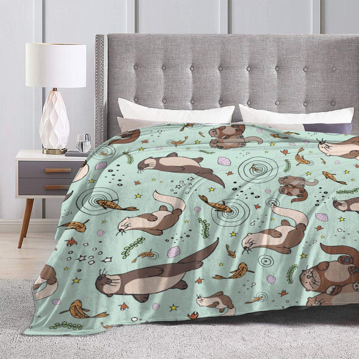 Carwayii Sea Otters Throw Blanket,Green Small Flannel Lap Blanket Gifts for Kids,Cozy Noon Break Blanket,No Shedding Fleece Sofa Blanket for Office Couch Car - 40''x50''