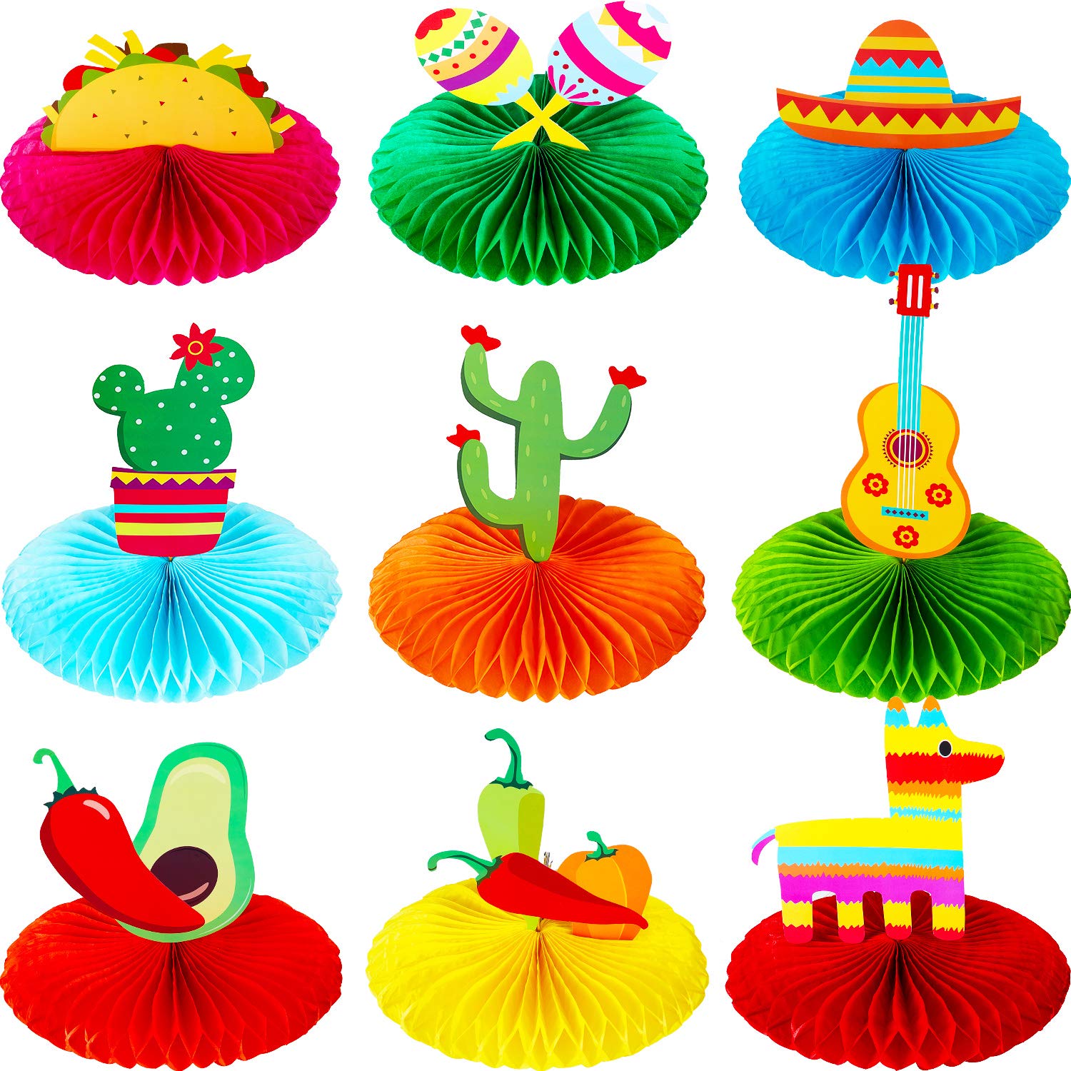 9 Pieces Fiesta Mexican Party Table Decorations Fiesta Honeycomb Mexican Table Centerpieces 8" Cinco De Mayo Party Table Decorations for Mexican Fiesta Taco Party Day of the Dead Decor Supplies Favors