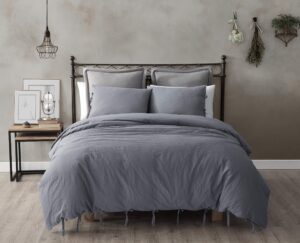 sterling creek charlotte 3-piece washed linen cotton duvet cover set - soft breathable comforter cover with shams set (king, gray)