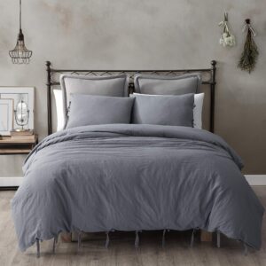 Sterling Creek Charlotte 3-Piece Washed Linen Cotton Duvet Cover Set - Soft Breathable Comforter Cover with Shams Set (King, Gray)