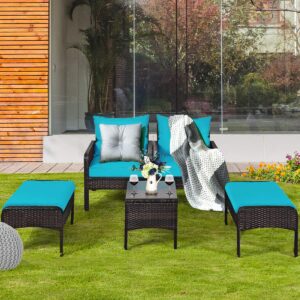 Tangkula Wicker Furniture Set 5 Pieces PE Wicker Rattan Outdoor All Weather Cushioned Sofas and Ottoman Set Lawn Pool Balcony Conversation Set Chat Set (Turquoise)