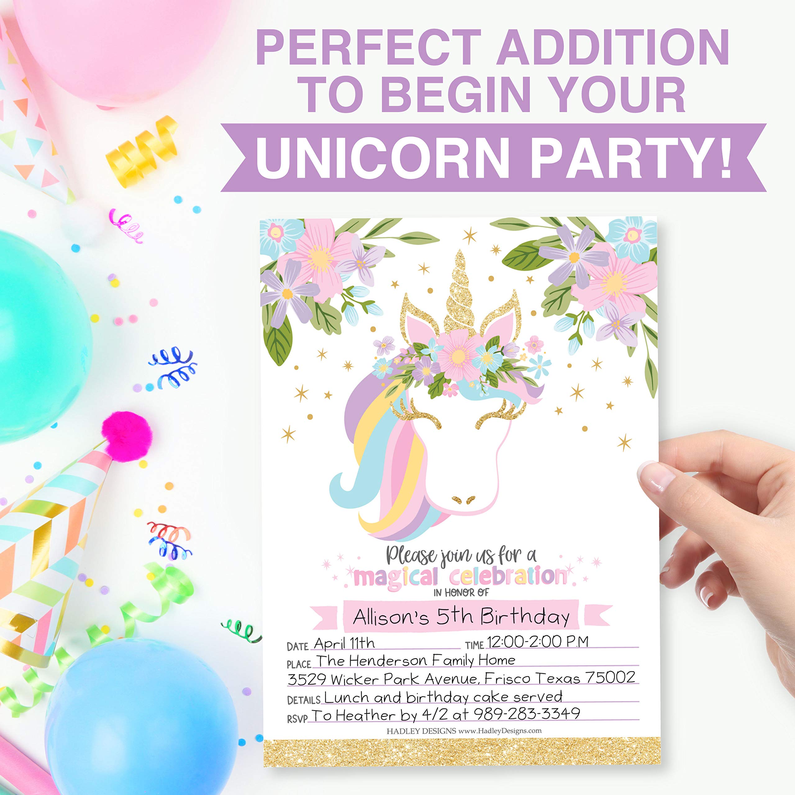 Hadley Designs 25 Pastel Unicorn Kid Party Invitation, Birthday Royal Princess Queen Crown Girl Bday Invite, Magical Rose Pink Gold Floral Glitter Rainbow Bday Idea, Magic Fairytale Printable Template