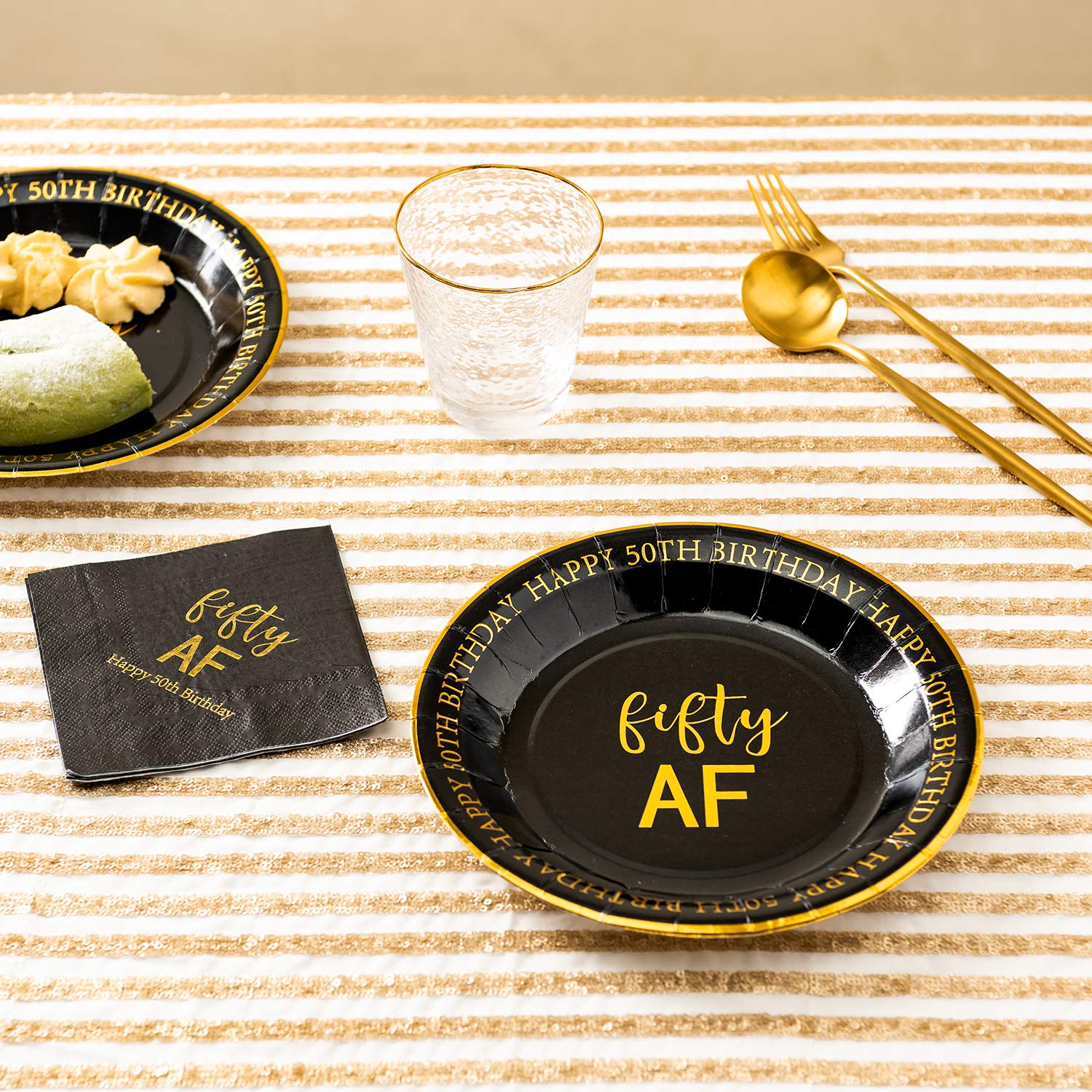 Crisky 'Fifty AF' 50th Birthday Black Gold Theme Plate, 50 Pack, 9" Paper Plates, Durable, Food Grade, BPA-Free, Biodegradable, Not Microwaveable