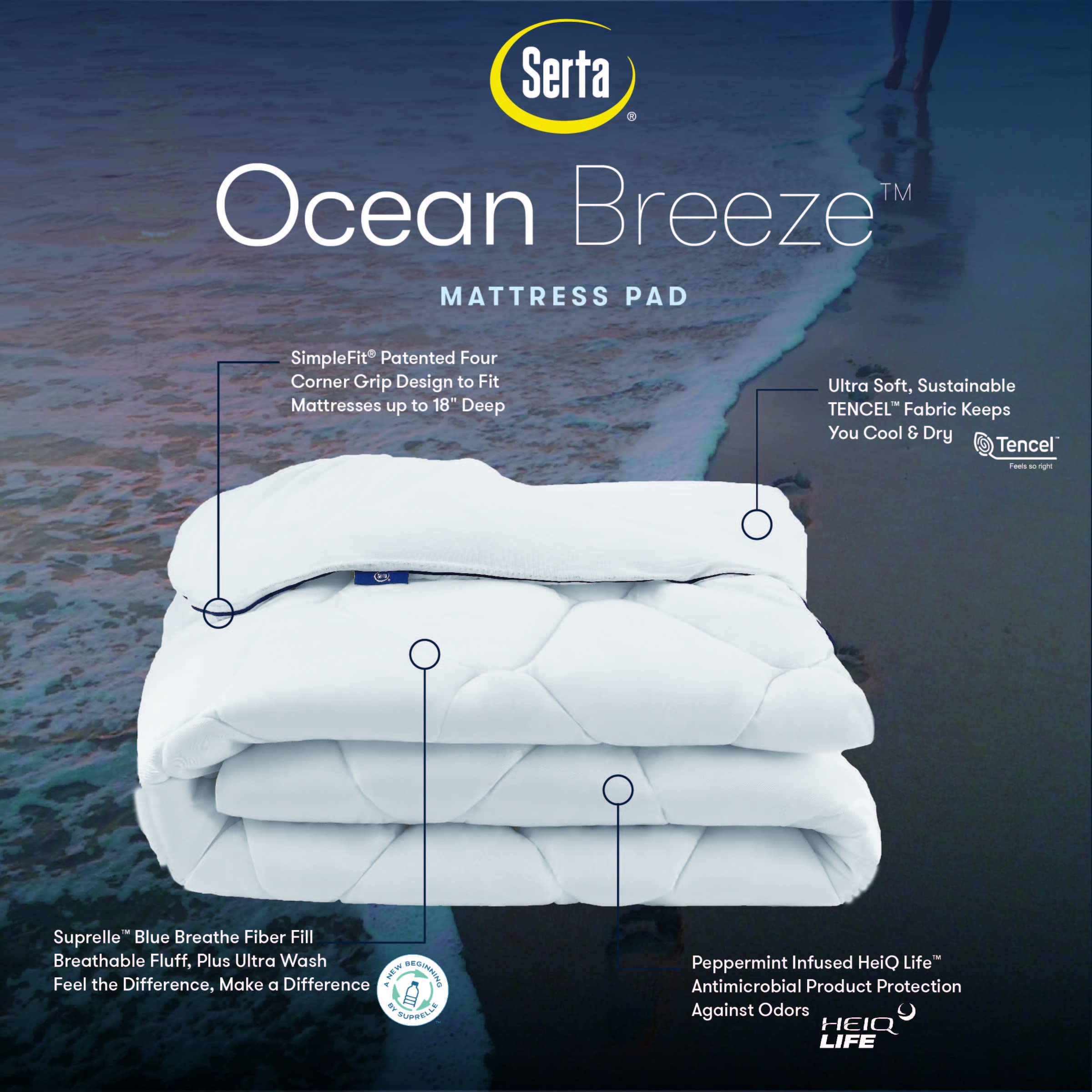 Serta Ocean Breeze Elastic Fitted Breathable Pillow Top Mattress Pad Protector with Sustainable Fiber Fill and Tencel Cover for All Season, Queen, White