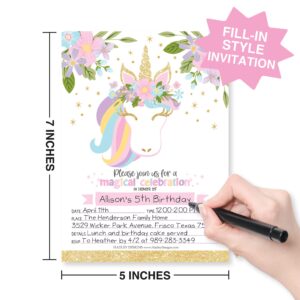 Hadley Designs 25 Pastel Unicorn Kid Party Invitation, Birthday Royal Princess Queen Crown Girl Bday Invite, Magical Rose Pink Gold Floral Glitter Rainbow Bday Idea, Magic Fairytale Printable Template