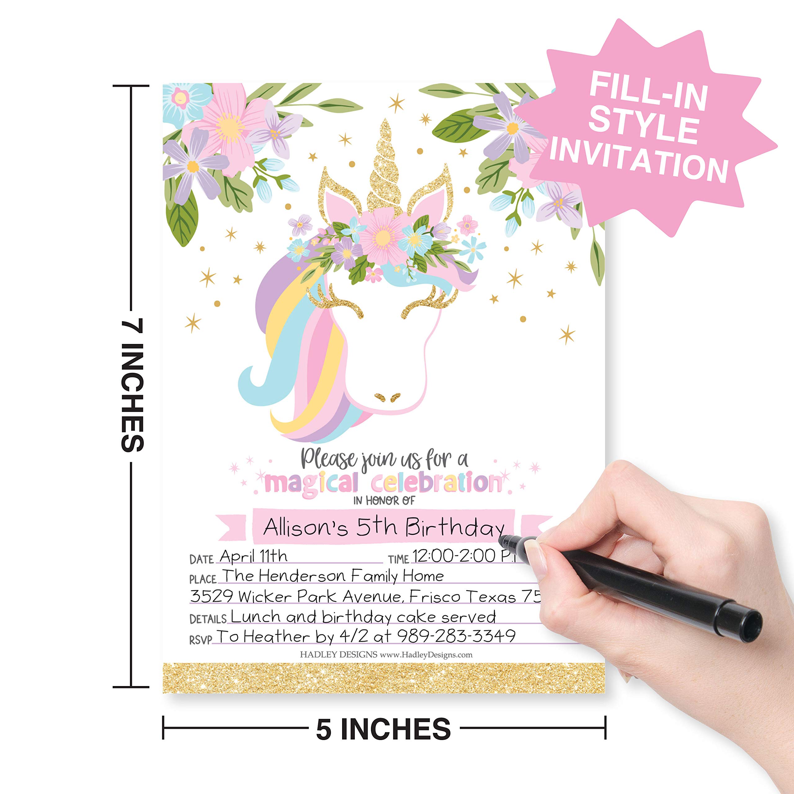 Hadley Designs 25 Pastel Unicorn Kid Party Invitation, Birthday Royal Princess Queen Crown Girl Bday Invite, Magical Rose Pink Gold Floral Glitter Rainbow Bday Idea, Magic Fairytale Printable Template