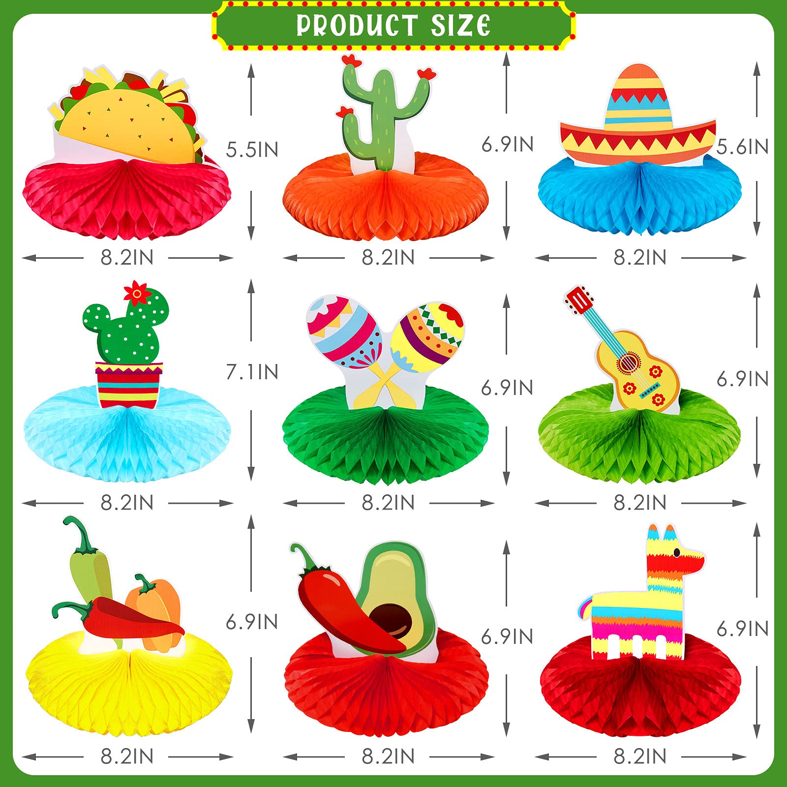 9 Pieces Fiesta Mexican Party Table Decorations Fiesta Honeycomb Mexican Table Centerpieces 8" Cinco De Mayo Party Table Decorations for Mexican Fiesta Taco Party Day of the Dead Decor Supplies Favors